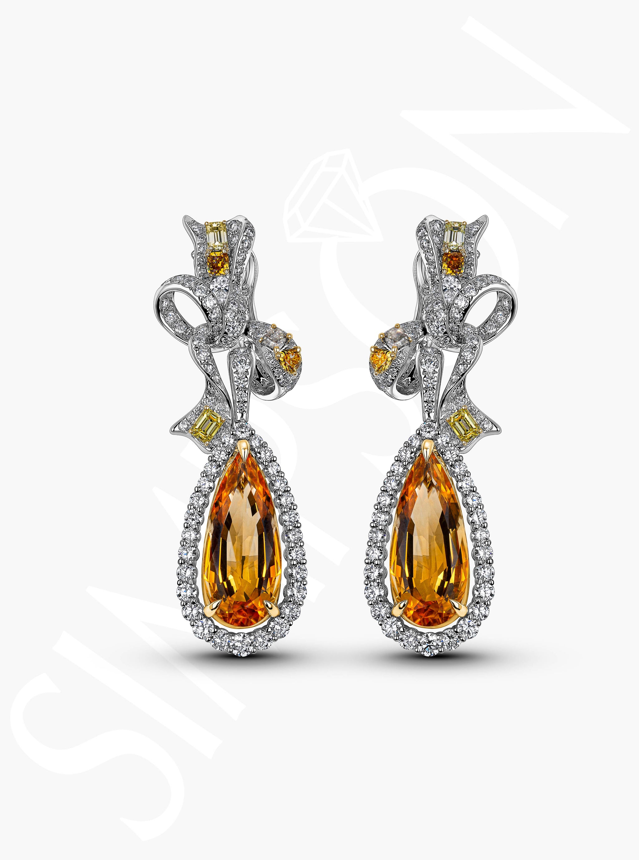 Elegant White Gold Drop Earrings with Pear-Shaped Citrines and Yellow ...
