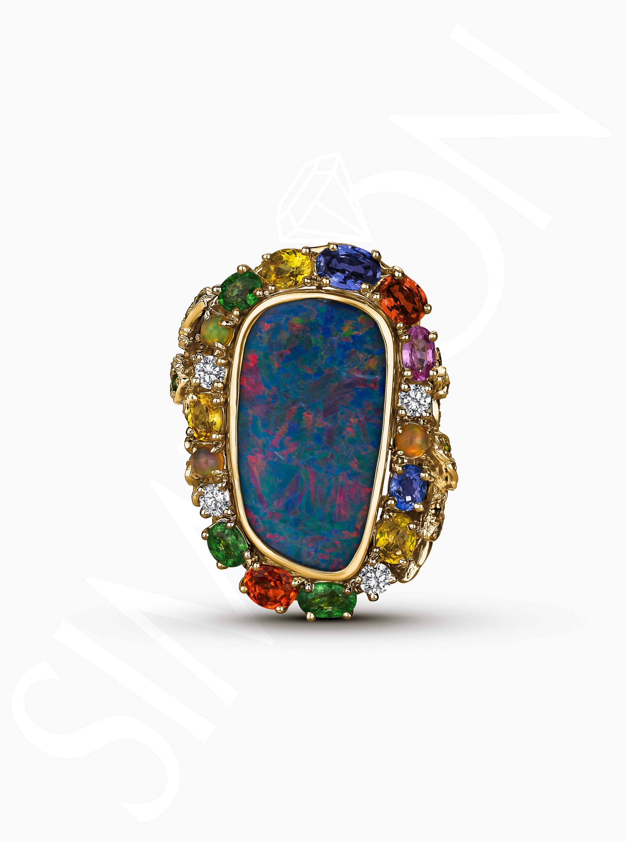 Opulent Opal Ring with Multicolored Gemstones and Diamond Halo