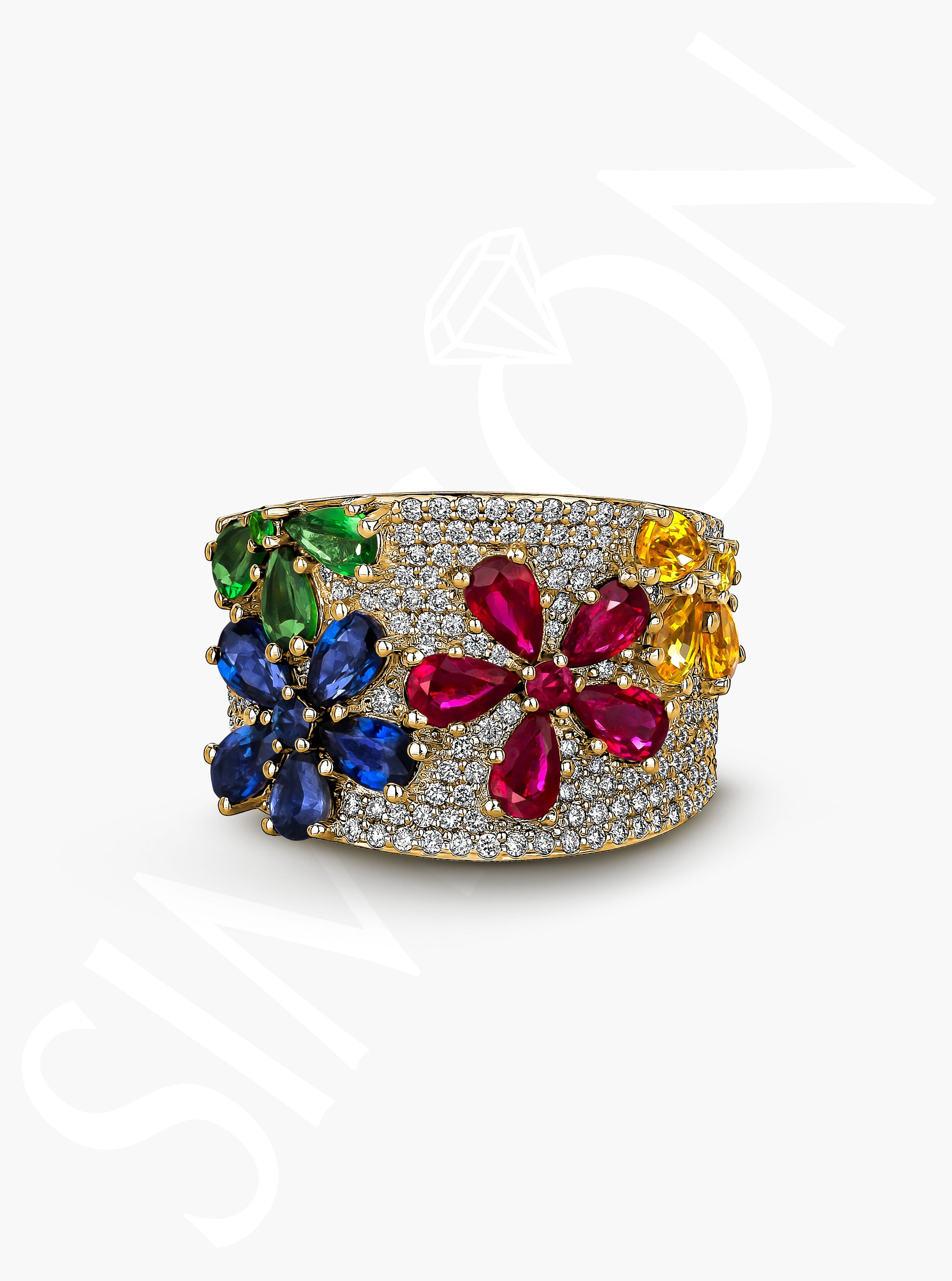 Luxurious Multicolor Gemstone Ring with Diamond Pavé and Floral Design