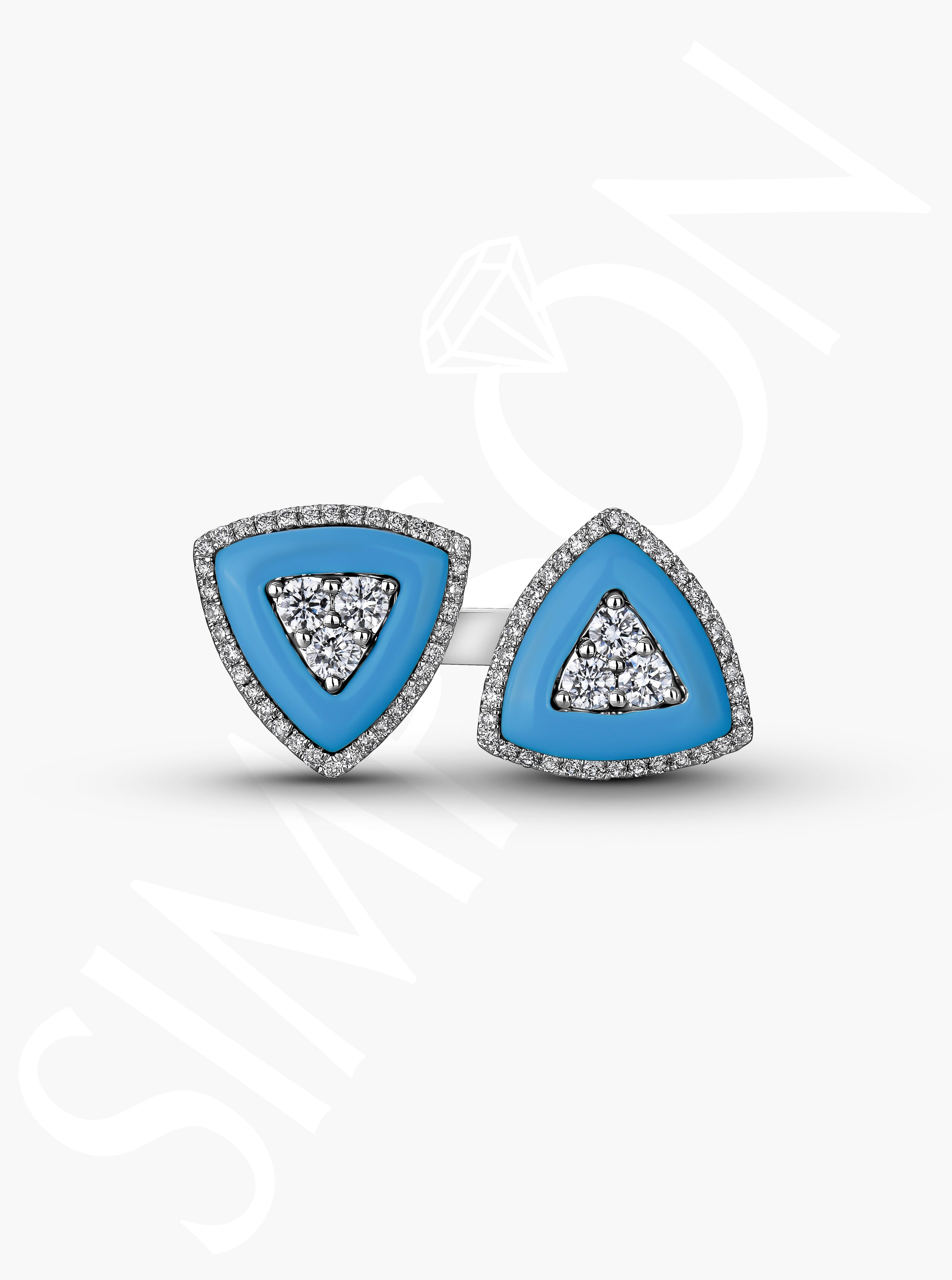 Blue Enamel and Diamond Triangle Ring with Pavé Halo in White Gold