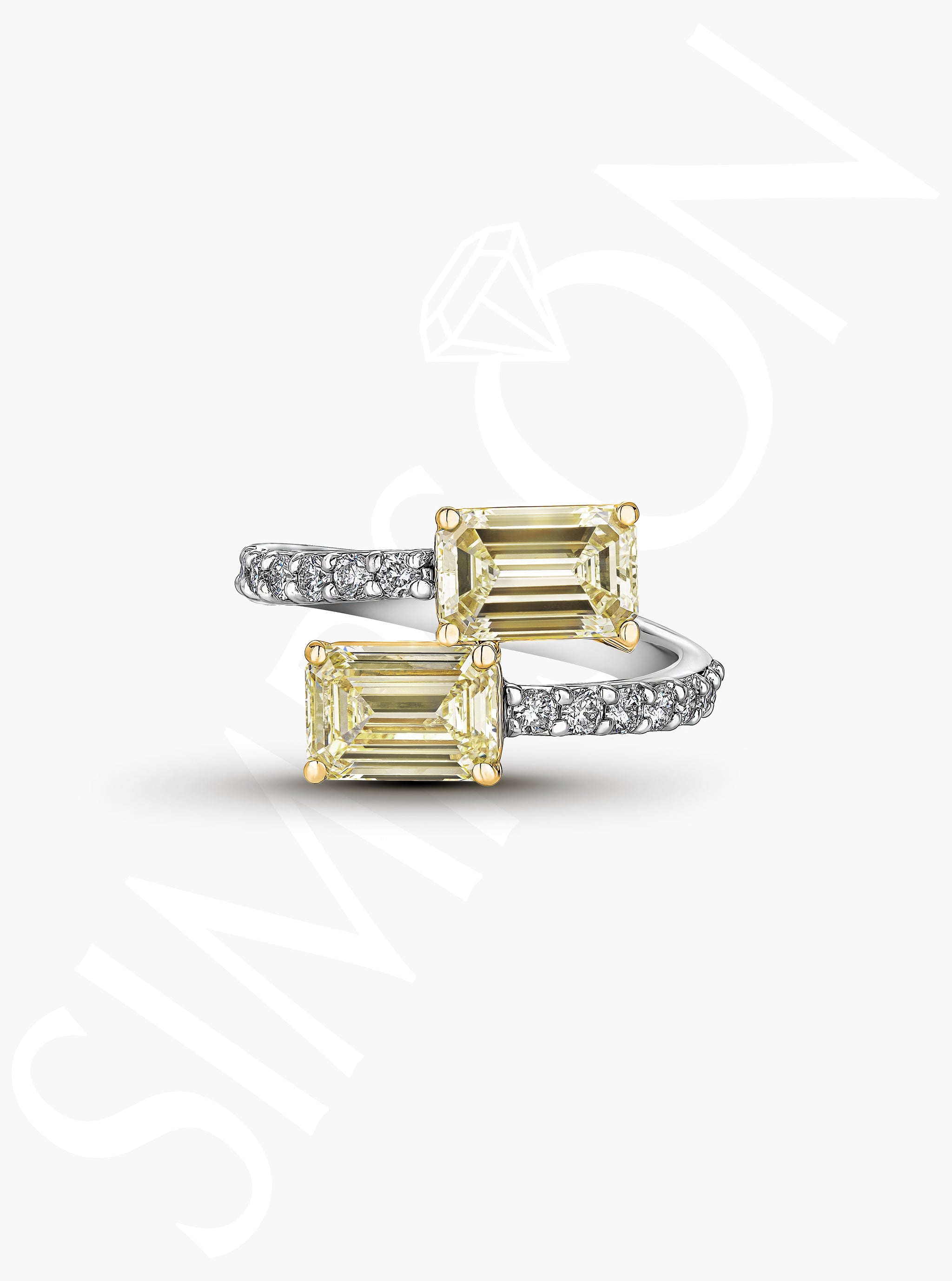 White Gold Crossover Ring with Emerald-Cut Yellow Diamonds and Pavé Accents