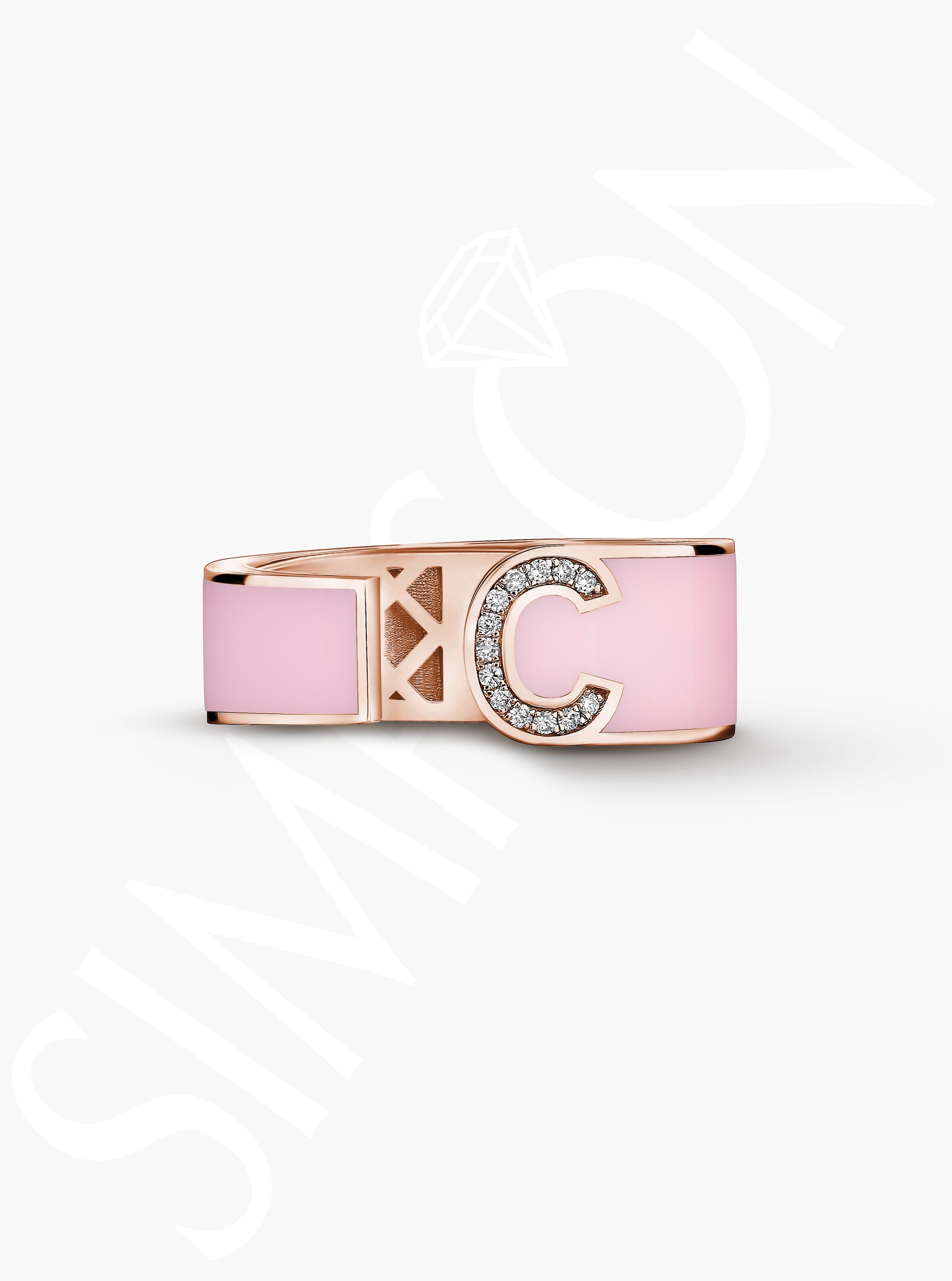 Rose Gold Pink Enamel Initial "C" Ring with Pavé Diamond Accents